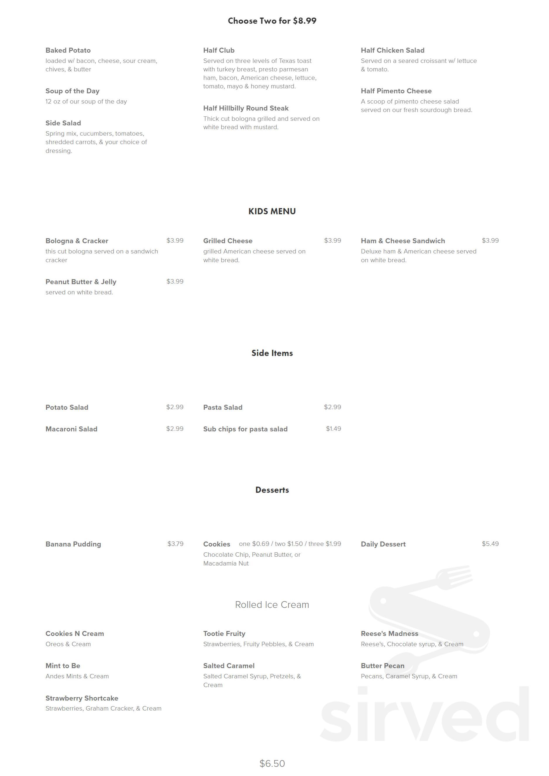 1806 General Store menu in Livingston, Tennessee, USA