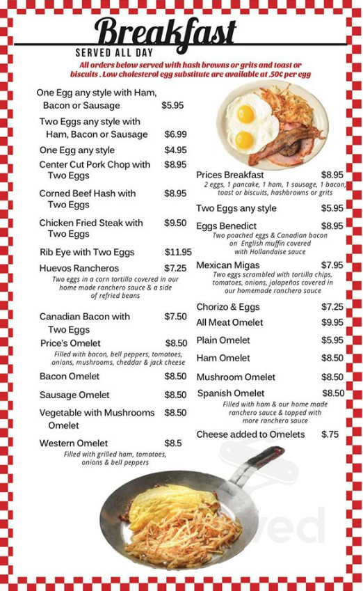 Price's Chef menu in Corpus Christi, Texas, USA
