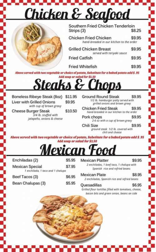 Price's Chef menu in Corpus Christi, Texas, USA