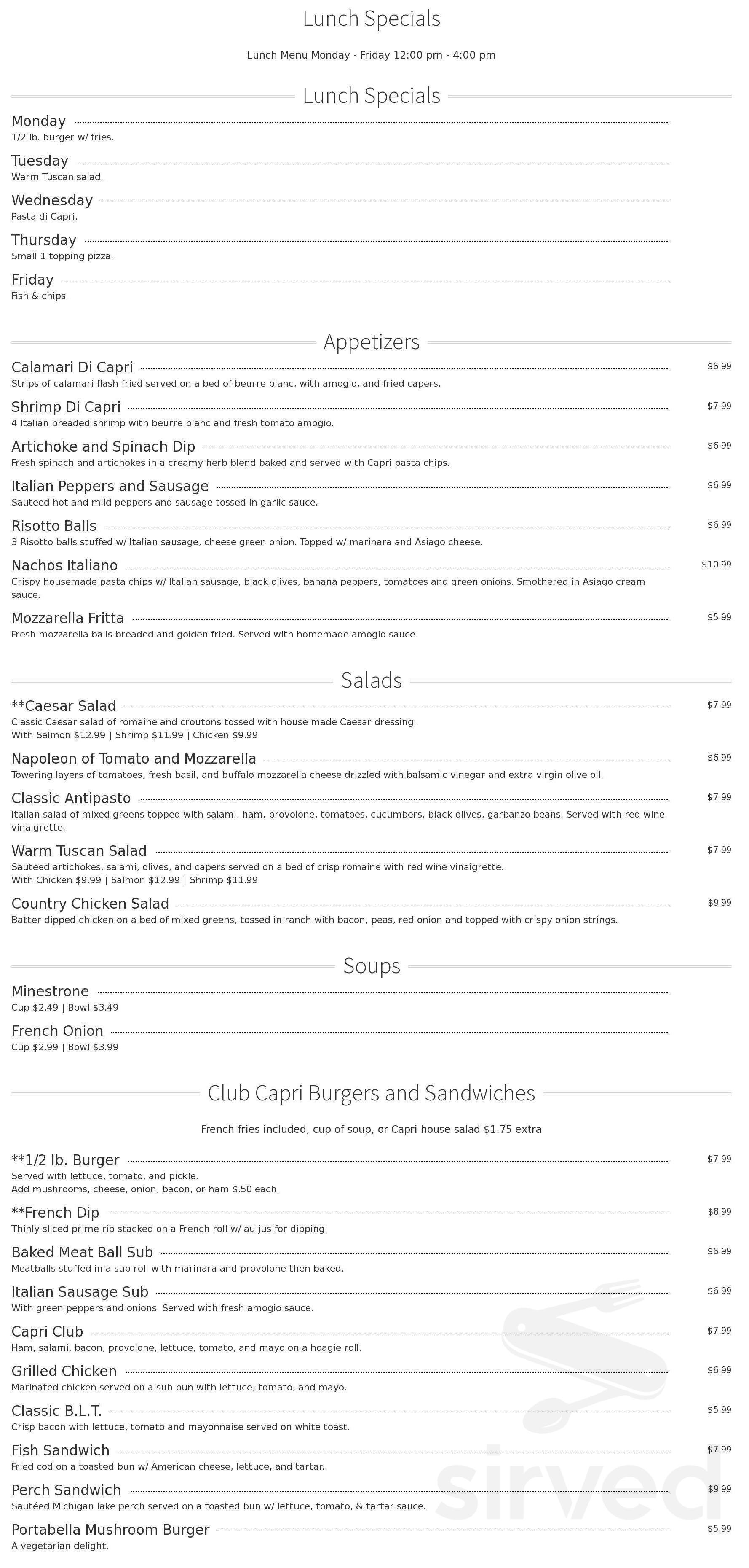 Club Capri menu in Algonac, Michigan, USA