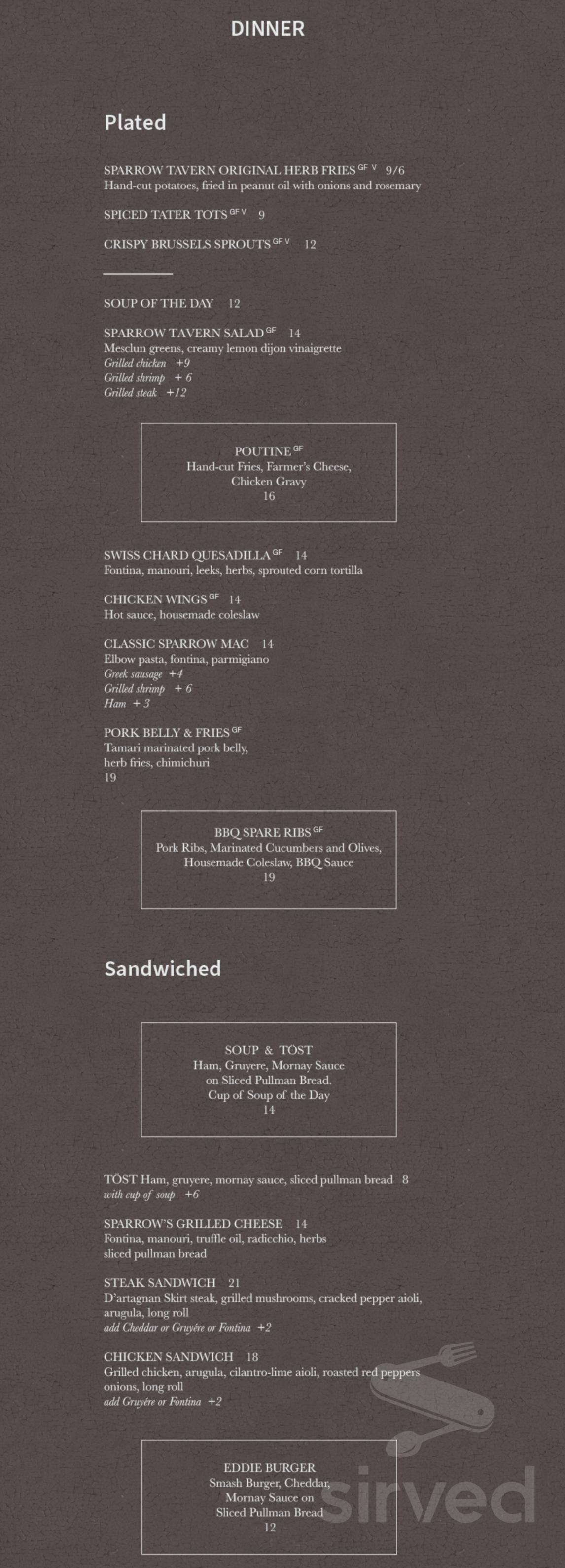 The Sparrow Tavern menu in Queens, New York, USA