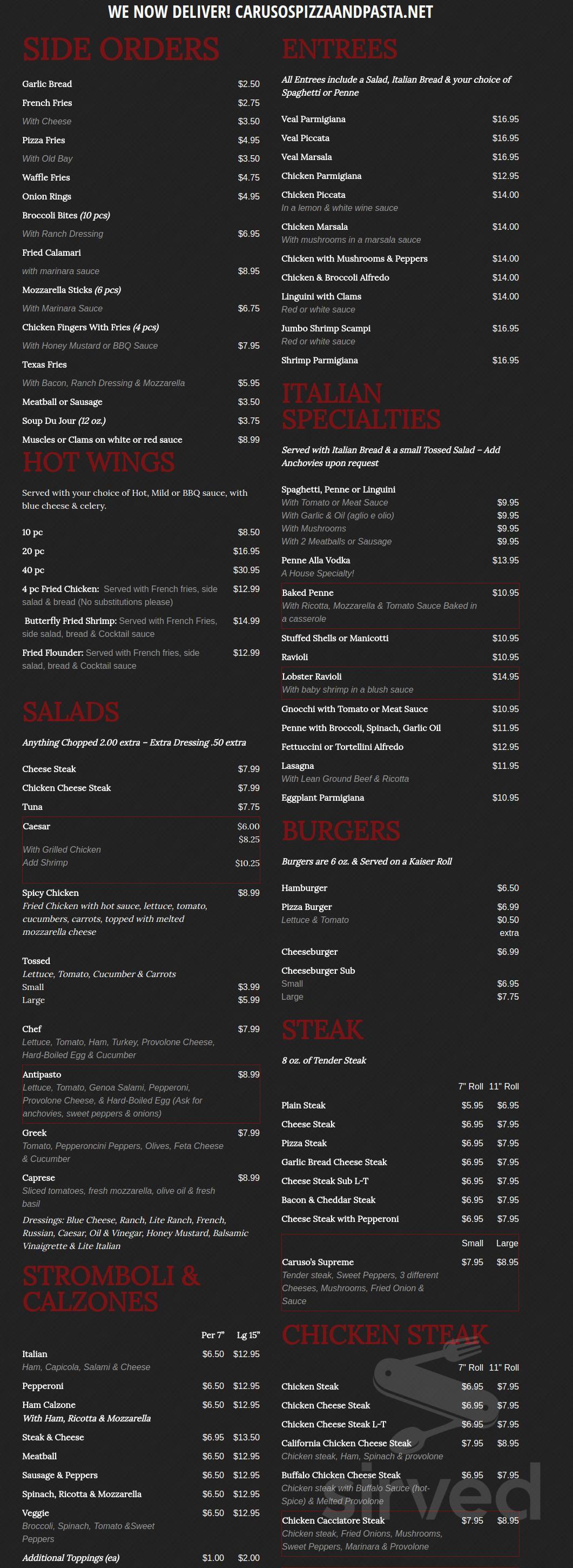 Caruso's Pizza & Pasta Italian Eatery menus in Georgetown, Delaware ...