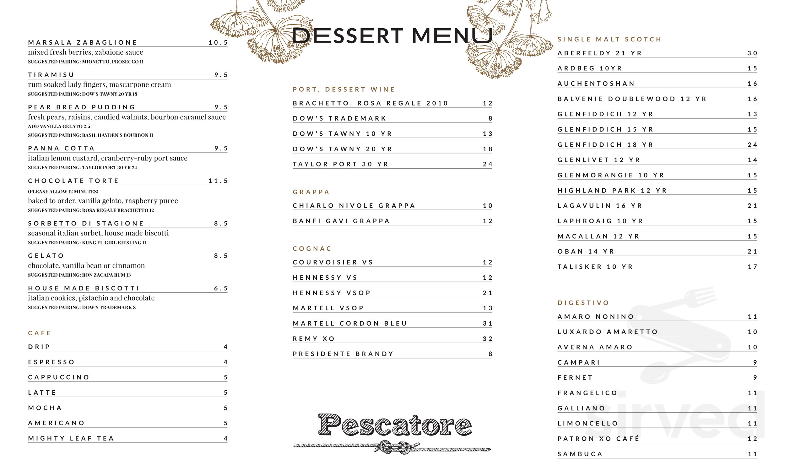 Pescatore Trattoria menu in San Francisco, California, USA