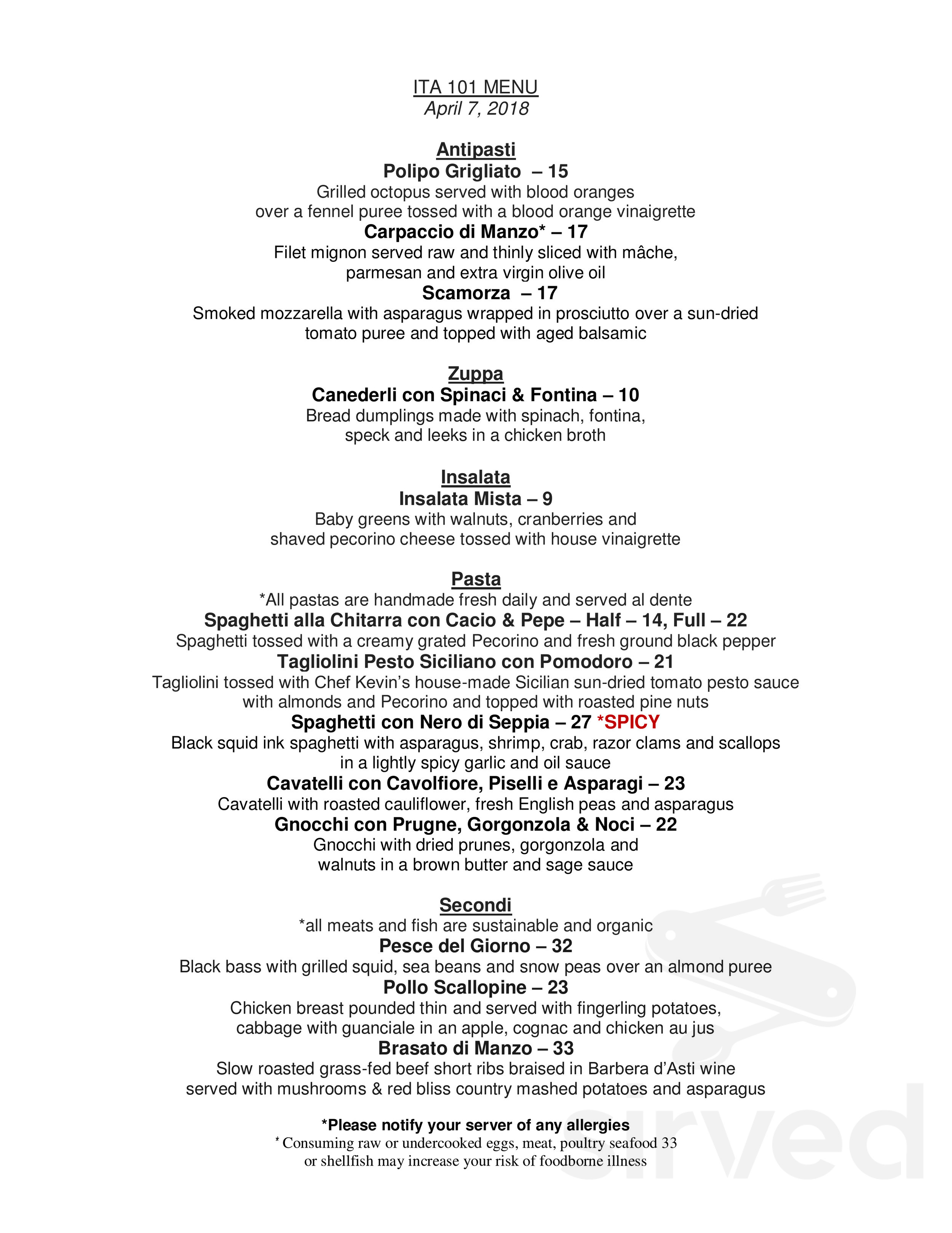 ITA101 menu in Medford, New Jersey, USA