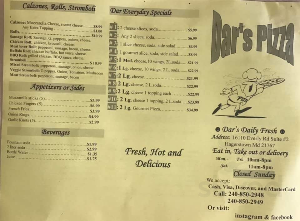 Menu for Dar's Pizza in Hagerstown, MD | Sirved