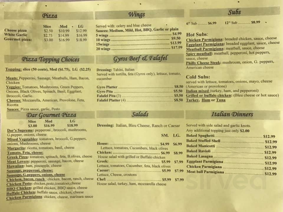 Menu - Hagerstown MD's Dar's Pizza | Sirved