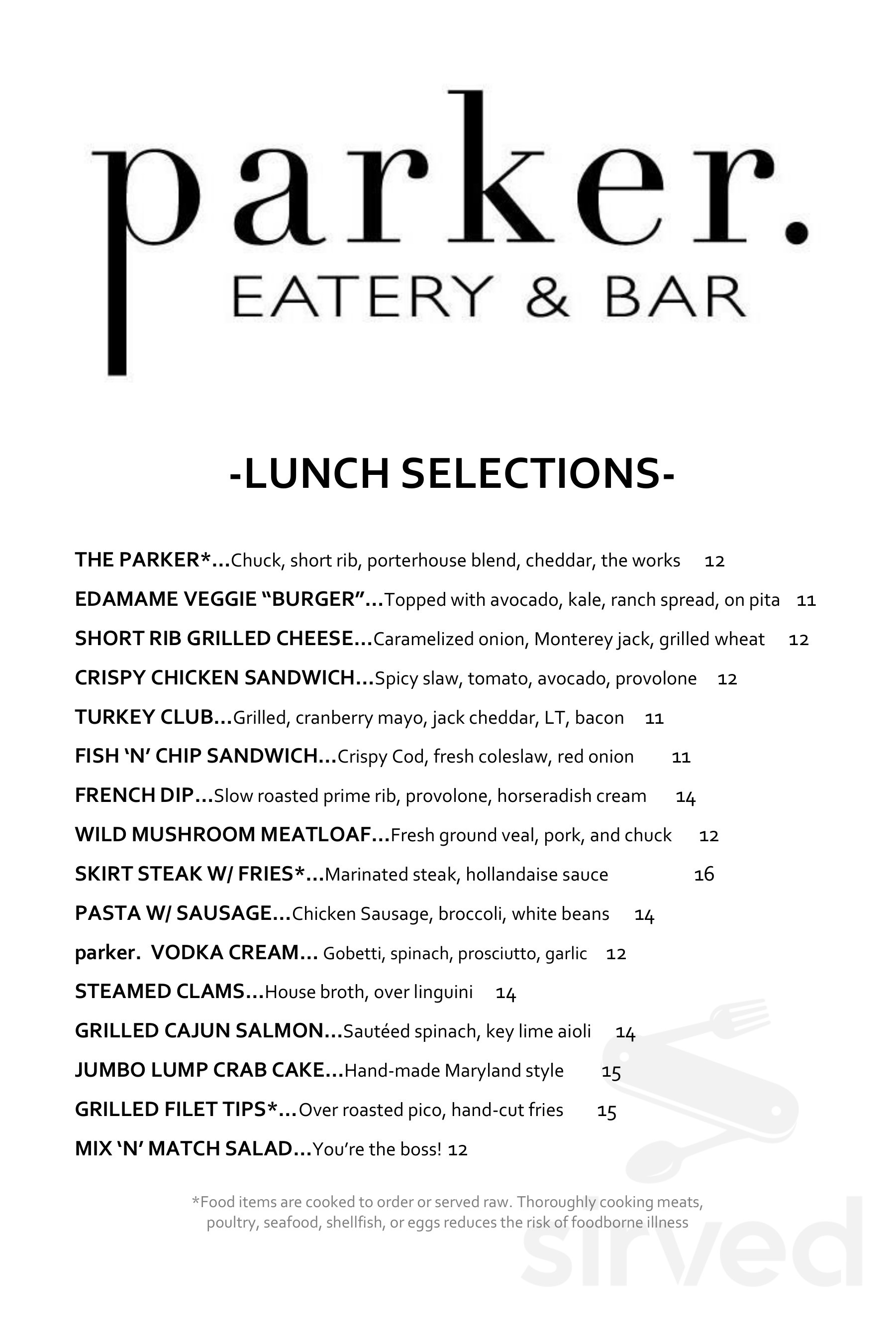 Menu for parker. Eatery & Bar in Shelton, CT | Sirved