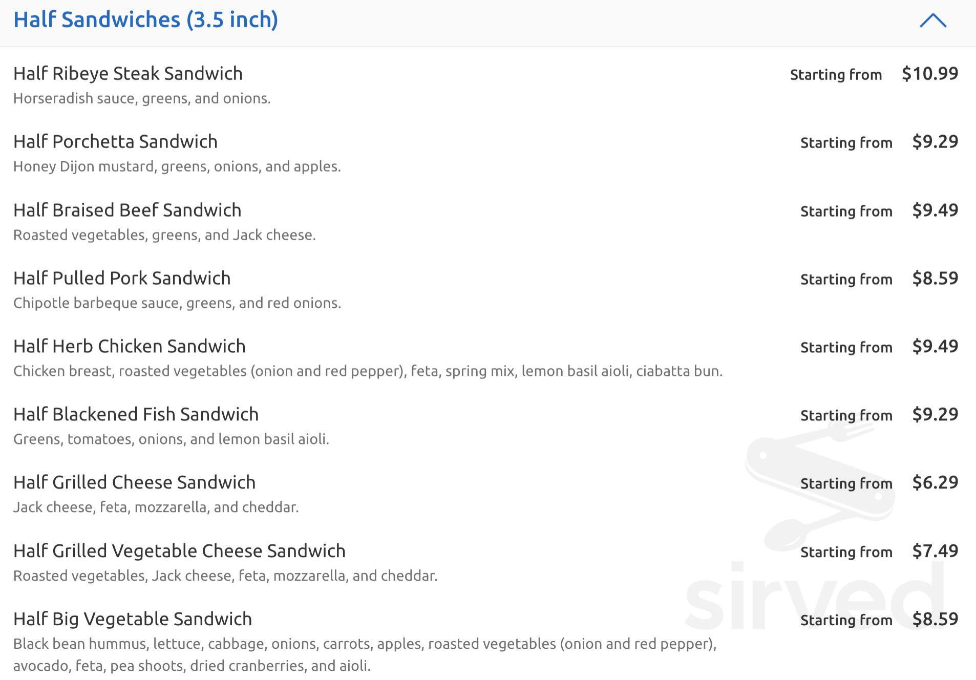 The Carvery menu in Windsor, Ontario, Canada