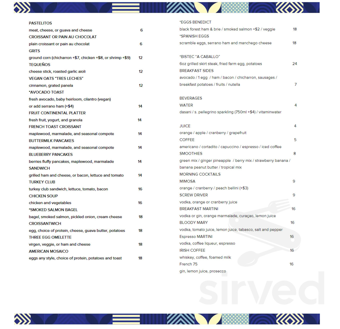 Menu - Miami FL's Mosaico Kitchen + Bar | Sirved