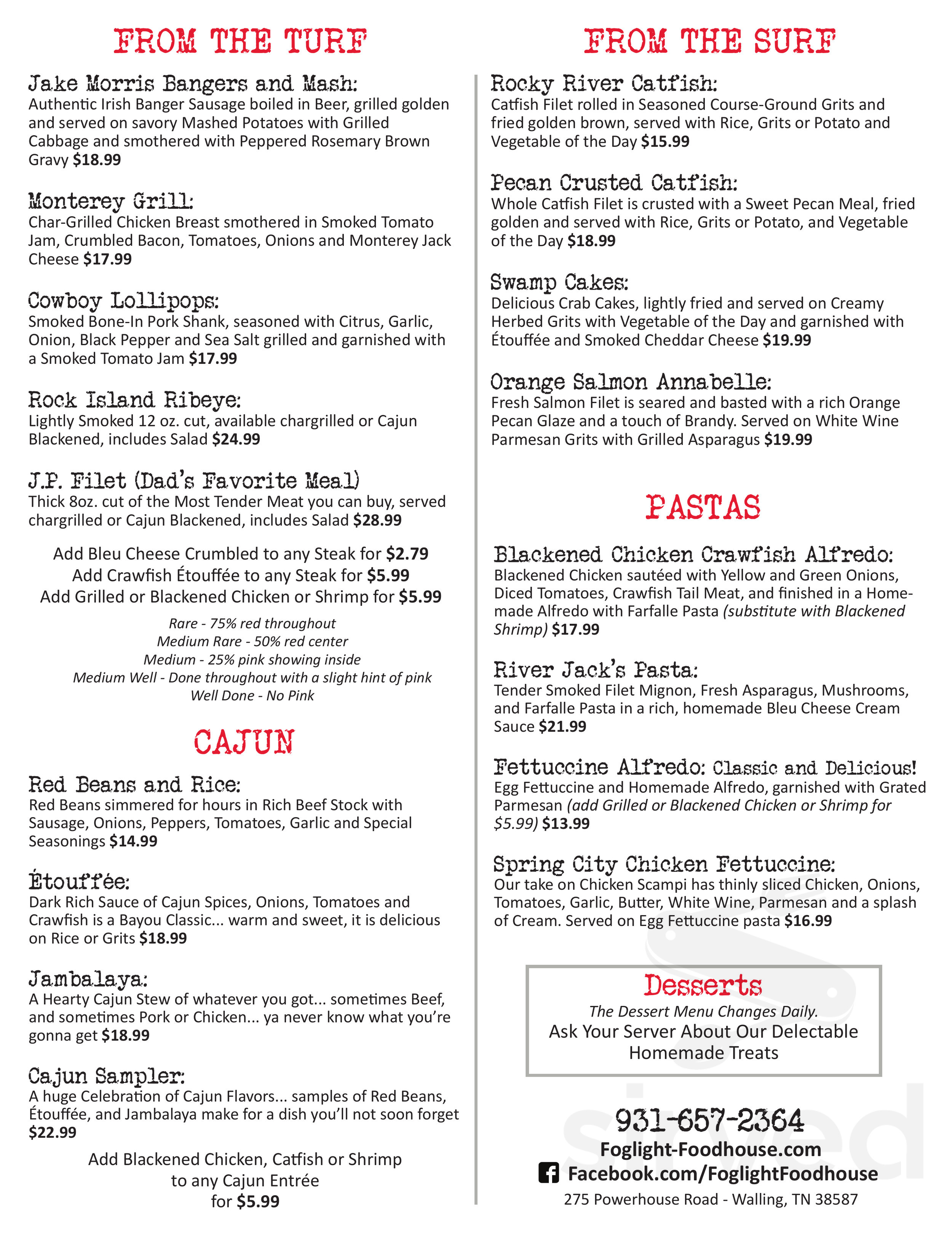 Menu - Walling TN's Foglight Foodhouse | Sirved