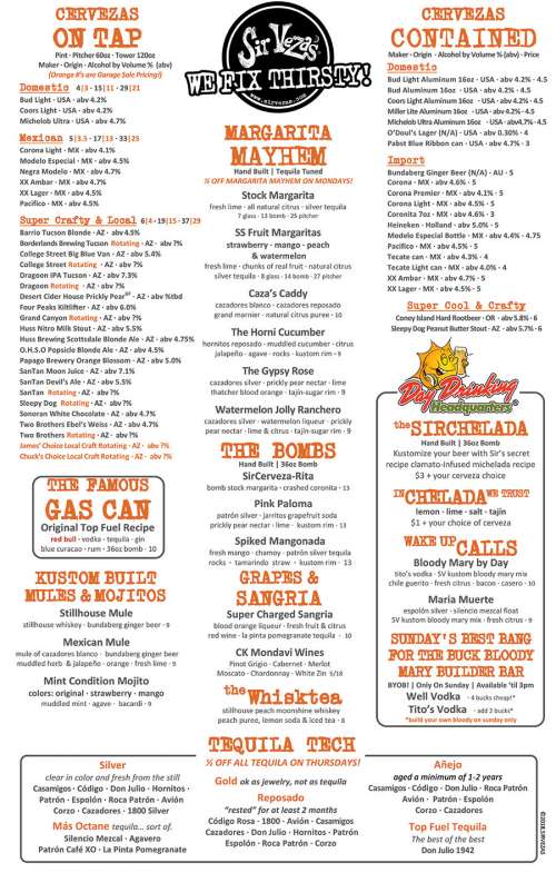 Sir Veza's menu in Phoenix, Arizona, USA