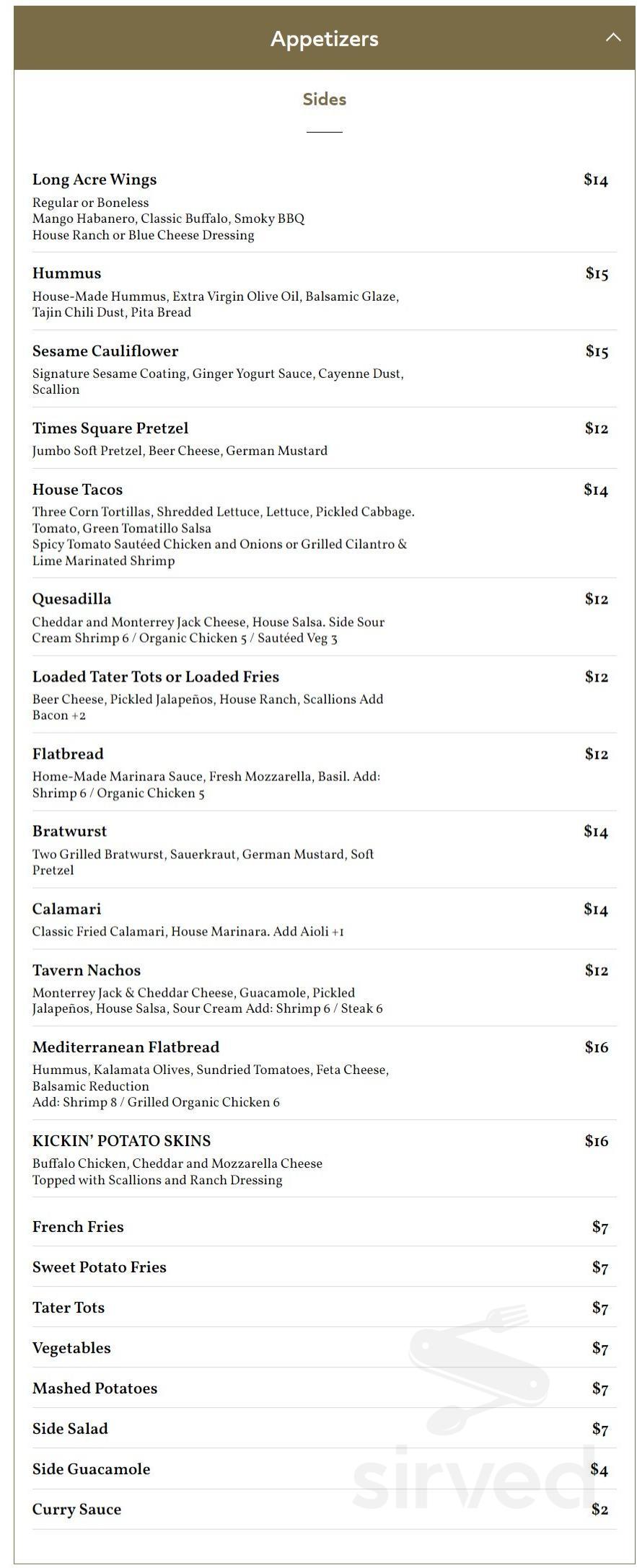 Menu - New York NY's The Long Acre Tavern | Sirved