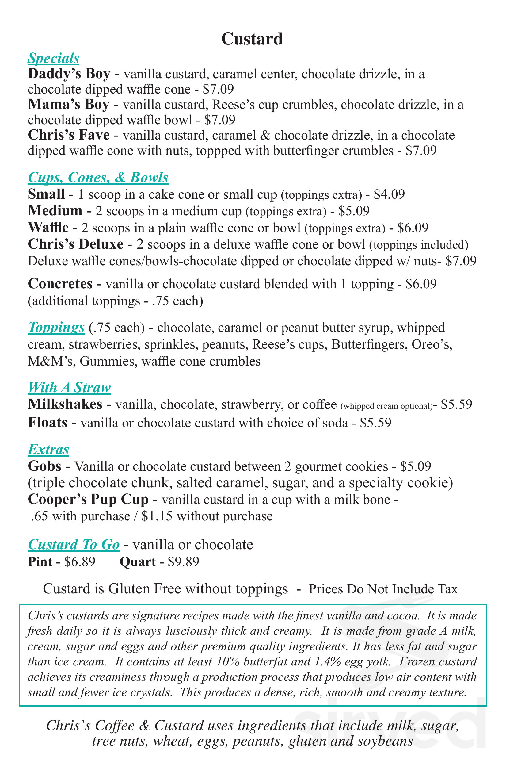 Chris's Coffee & Custard menu in Roanoke, Virginia, USA