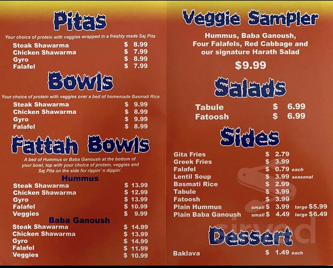 Gita Pita menu in New Orleans, Louisiana, USA