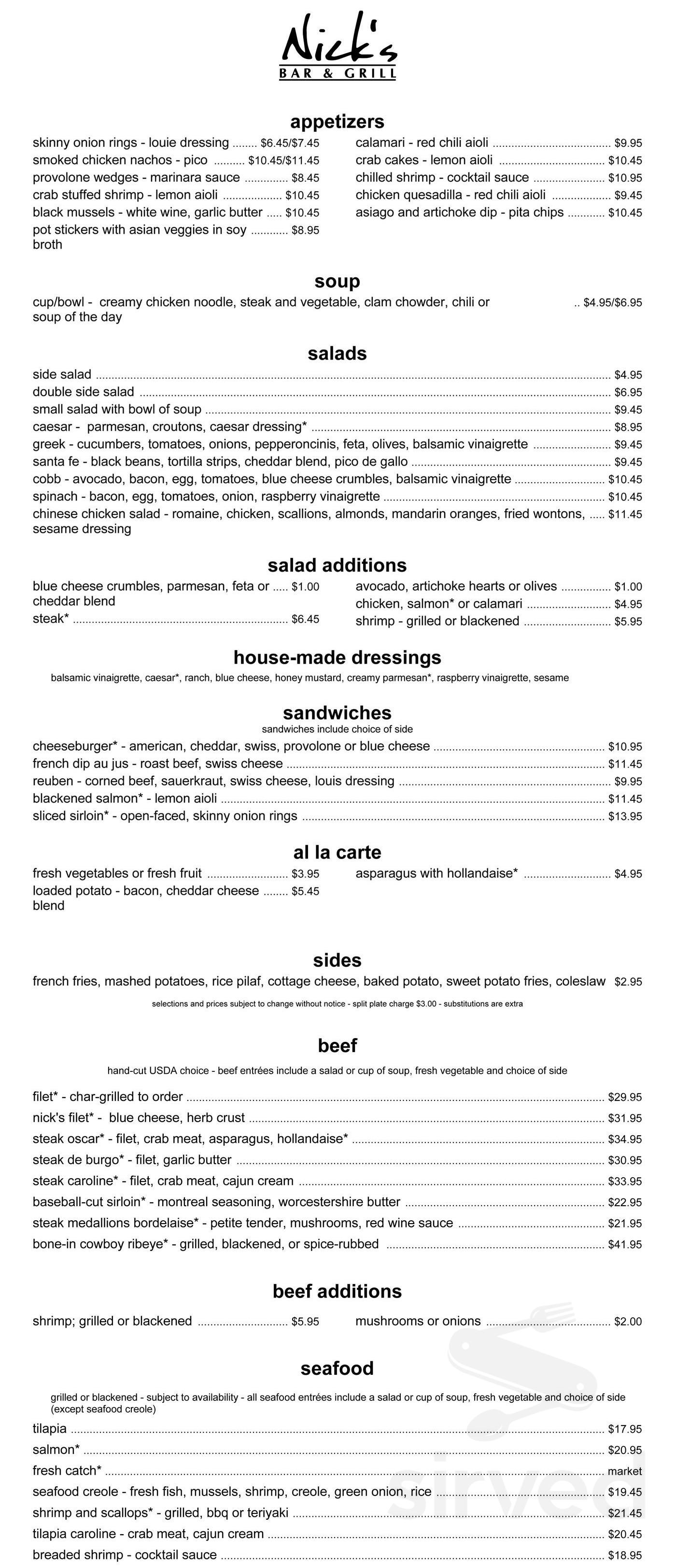 Nick's Bar & Grill menu in Clive, Iowa, USA