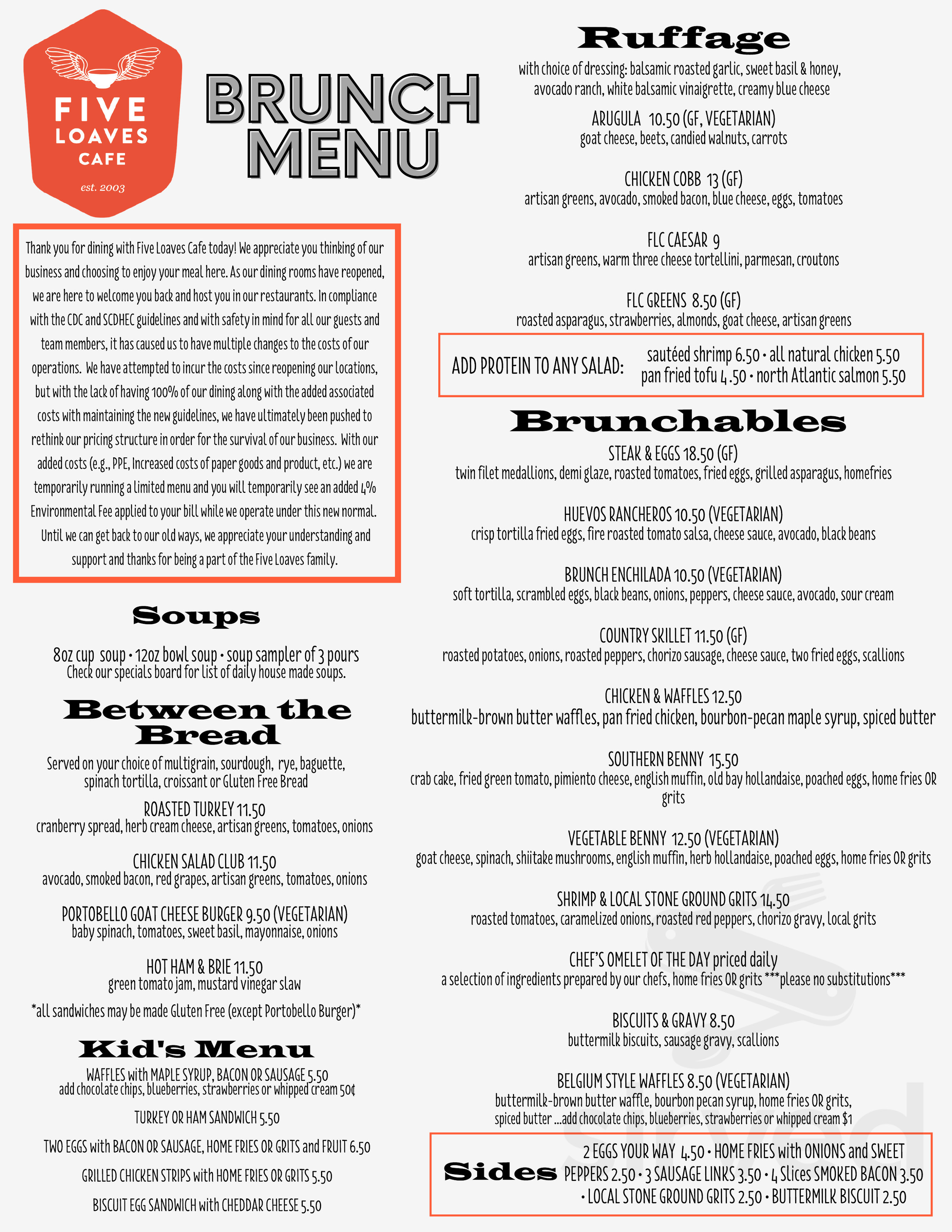 Five Loaves Cafe menus in Summerville, South Carolina, United States