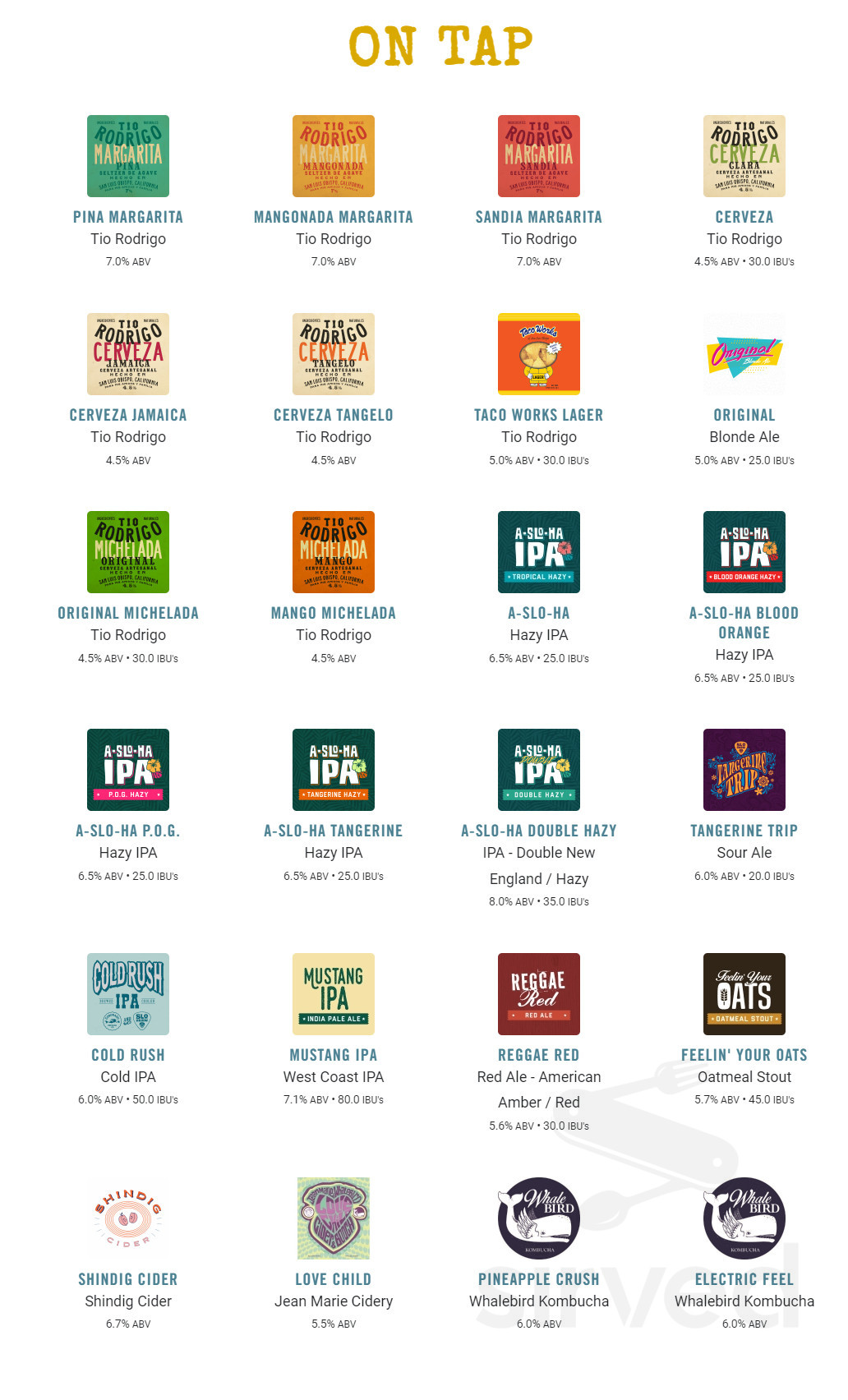 SLO Brew Rock menu in San Luis Obispo, California, USA