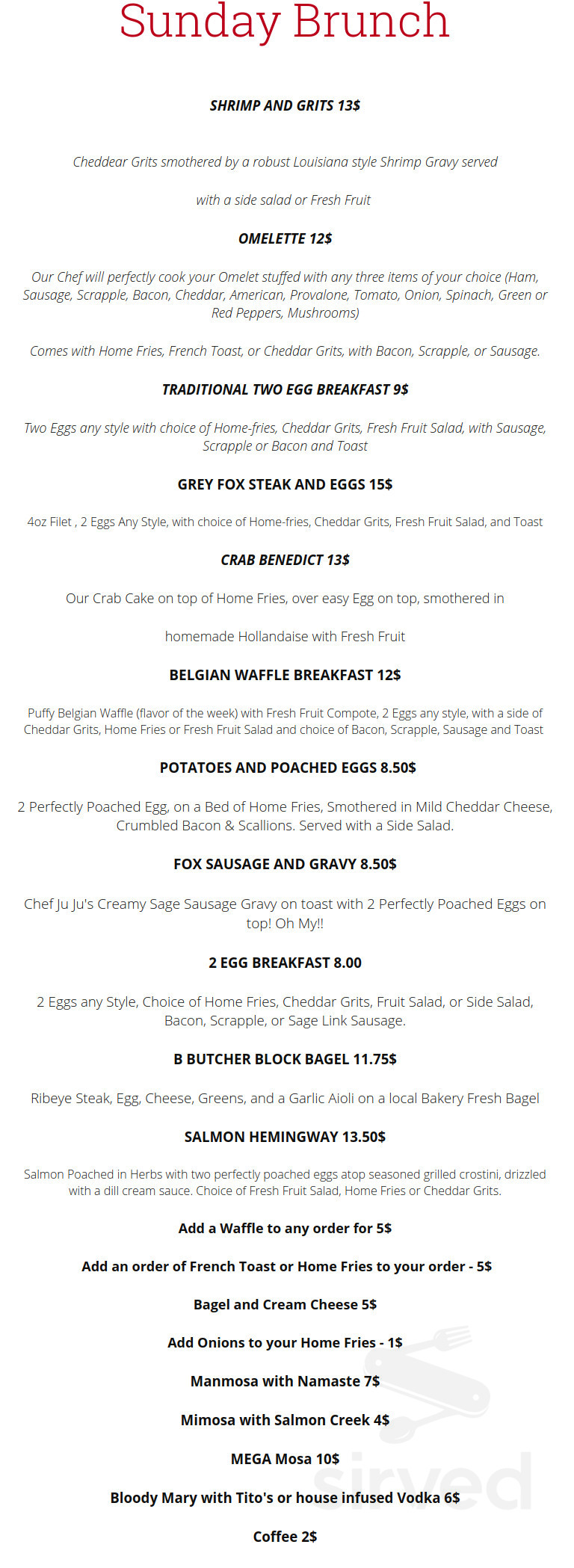 Grey Fox Grille and Public House menu in Dover, Delaware, USA