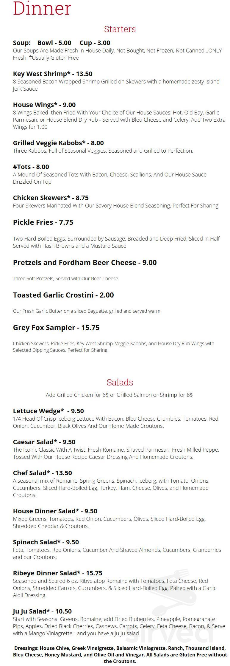 Grey Fox Grille and Public House menu in Dover, Delaware, USA
