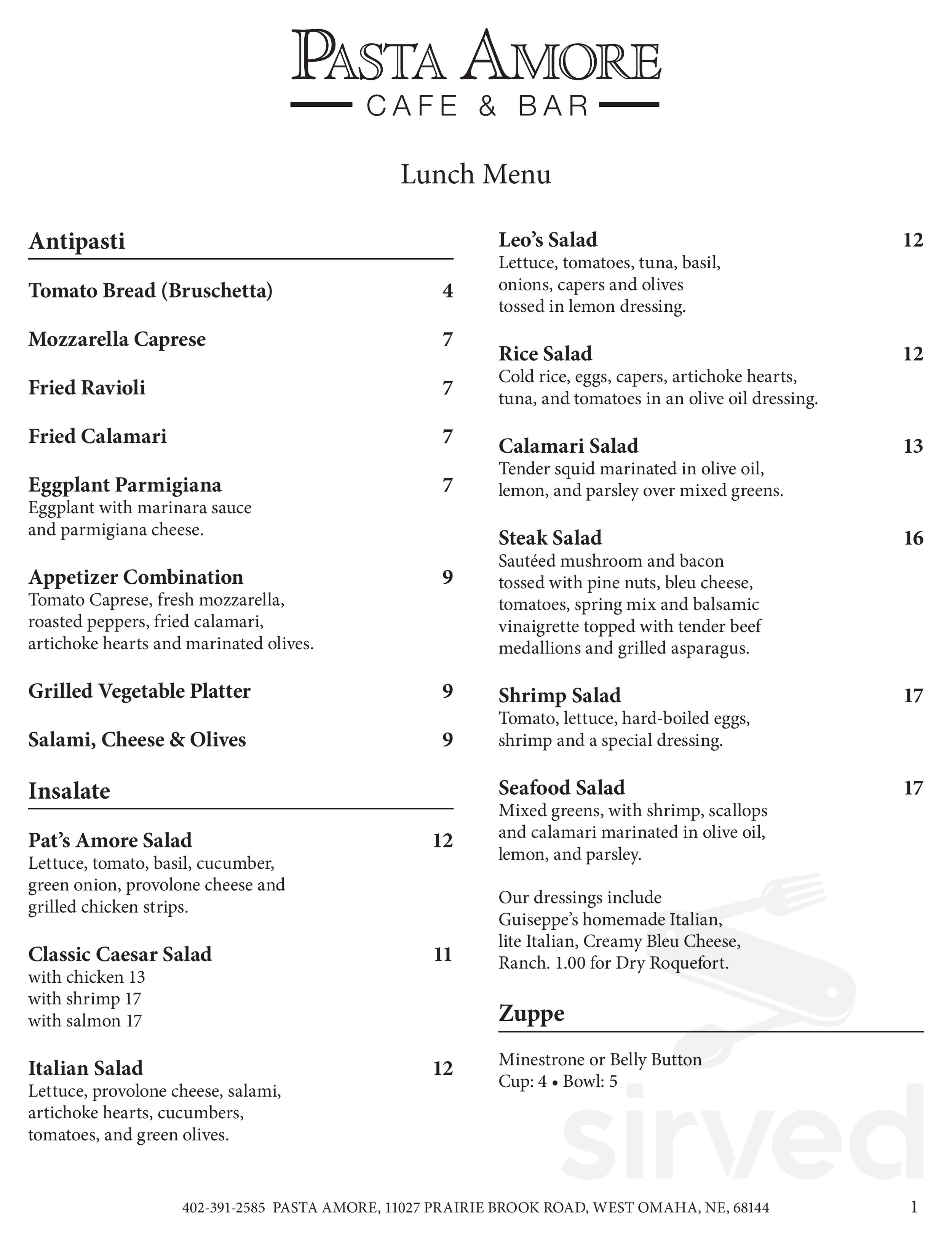 Pasta Amore menu in Omaha, Nebraska, USA