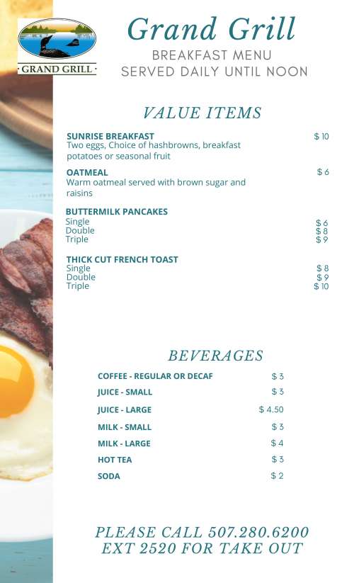 Grand Grill menu in Rochester, Minnesota, USA