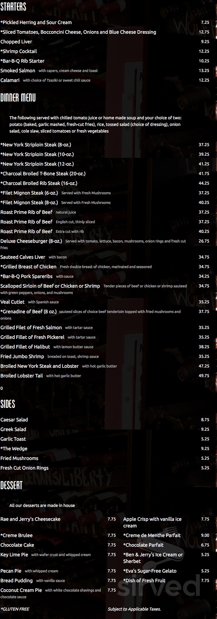 Menu for Rae & Jerry's Steak House in Winnipeg, MB | Sirved