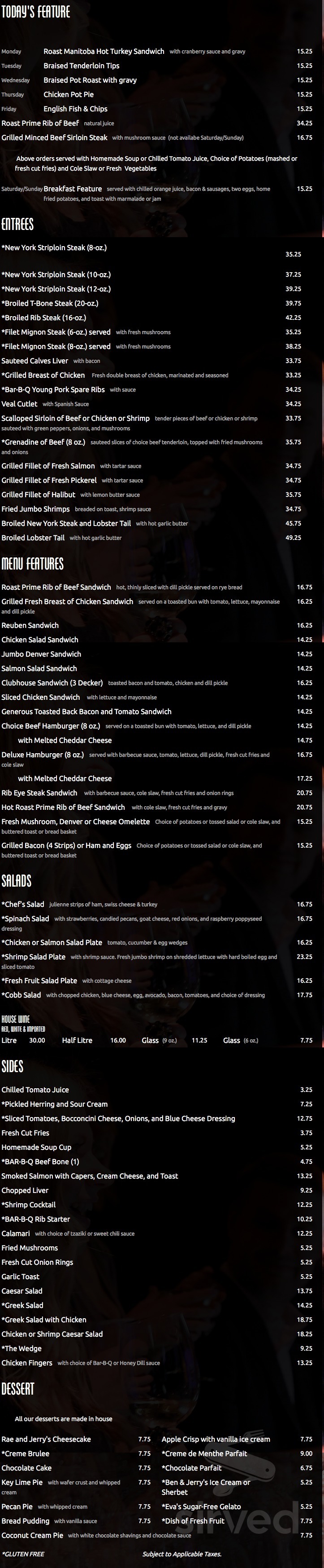 Menu for Rae & Jerry's Steak House in Winnipeg, MB | Sirved