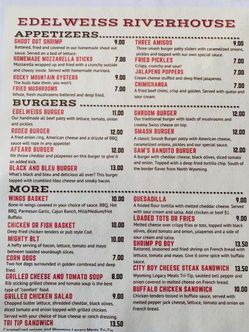 Edelweiss Riverhouse menu in Powell, Wyoming, USA