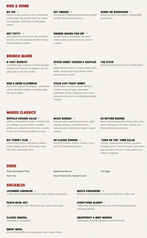 Madison Social menu in Tallahassee, Florida, USA