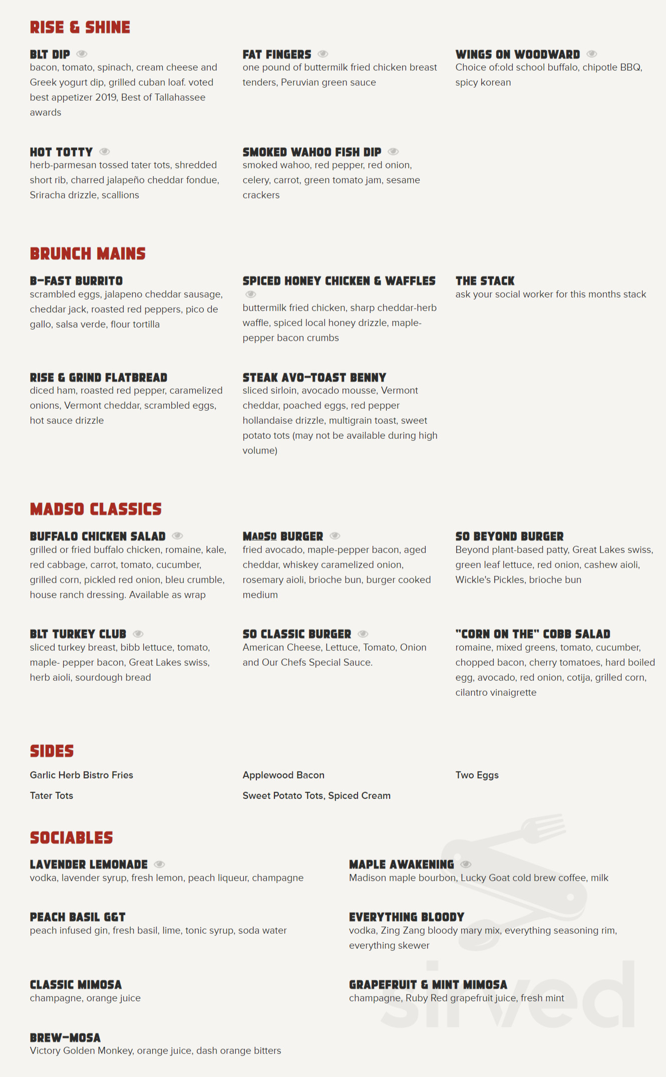 Madison Social menu in Tallahassee, Florida, USA