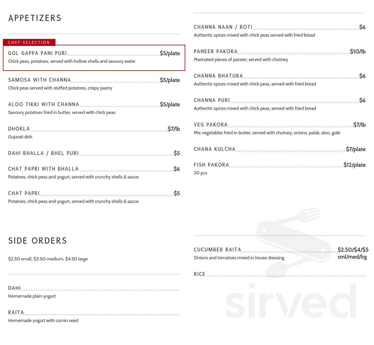 Sweet Palace menu in Brampton, Ontario, Canada