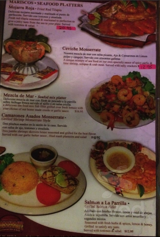 Monserrate Restaurant Bar and Grill menu in Tampa, Florida, USA