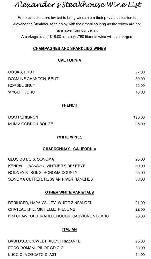 Alexander's Steakhouse menu in Normal, Illinois, USA