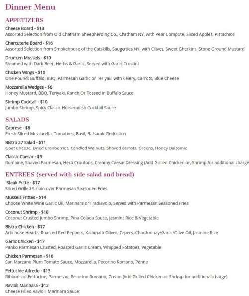 Bistro 27 menu in Catskill, New York, USA