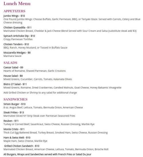 Bistro 27 menu in Catskill, New York, USA