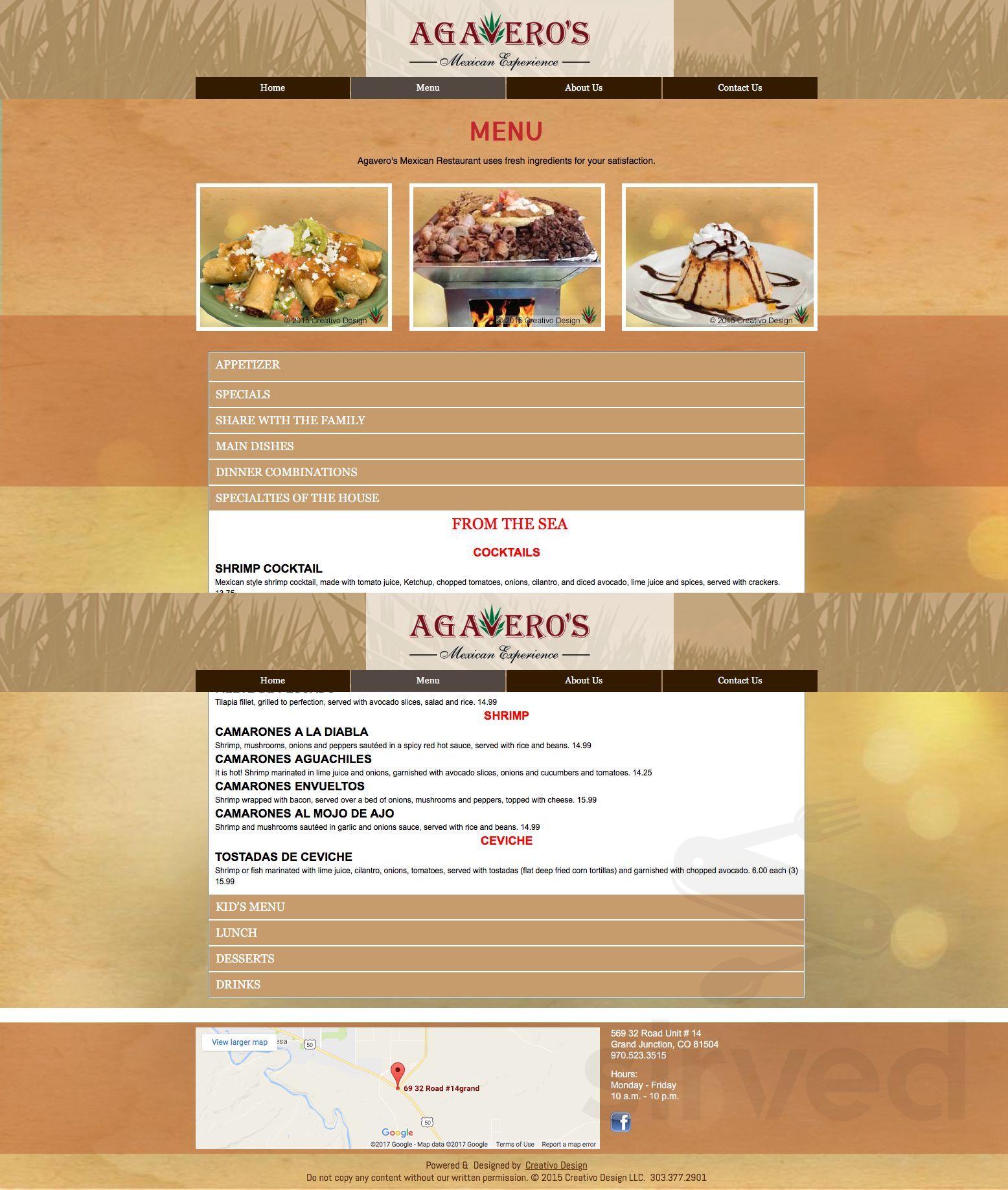 Agavero's Mexican Experience menu in Grand Junction, Colorado, USA