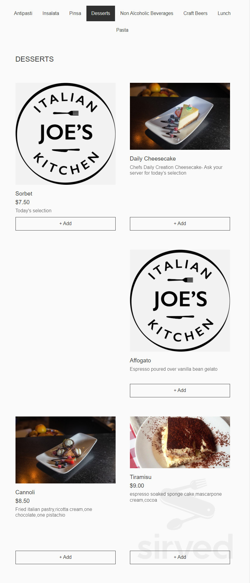 Joe's Italian Kitchen menu in Almonte, Ontario, Canada