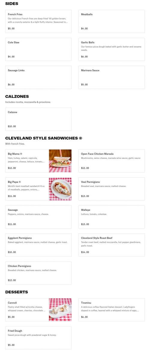 Cleveland Style Pizza menu in Mentor, Ohio, USA