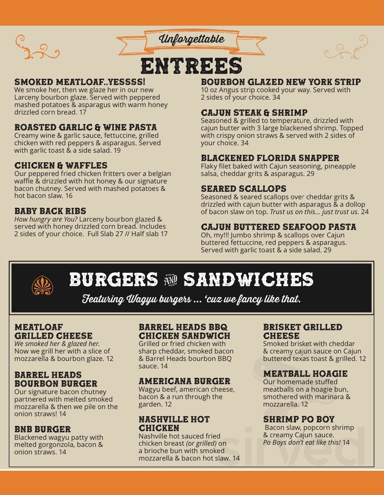 Barrel Heads menu in Lawrenceburg, Indiana, USA