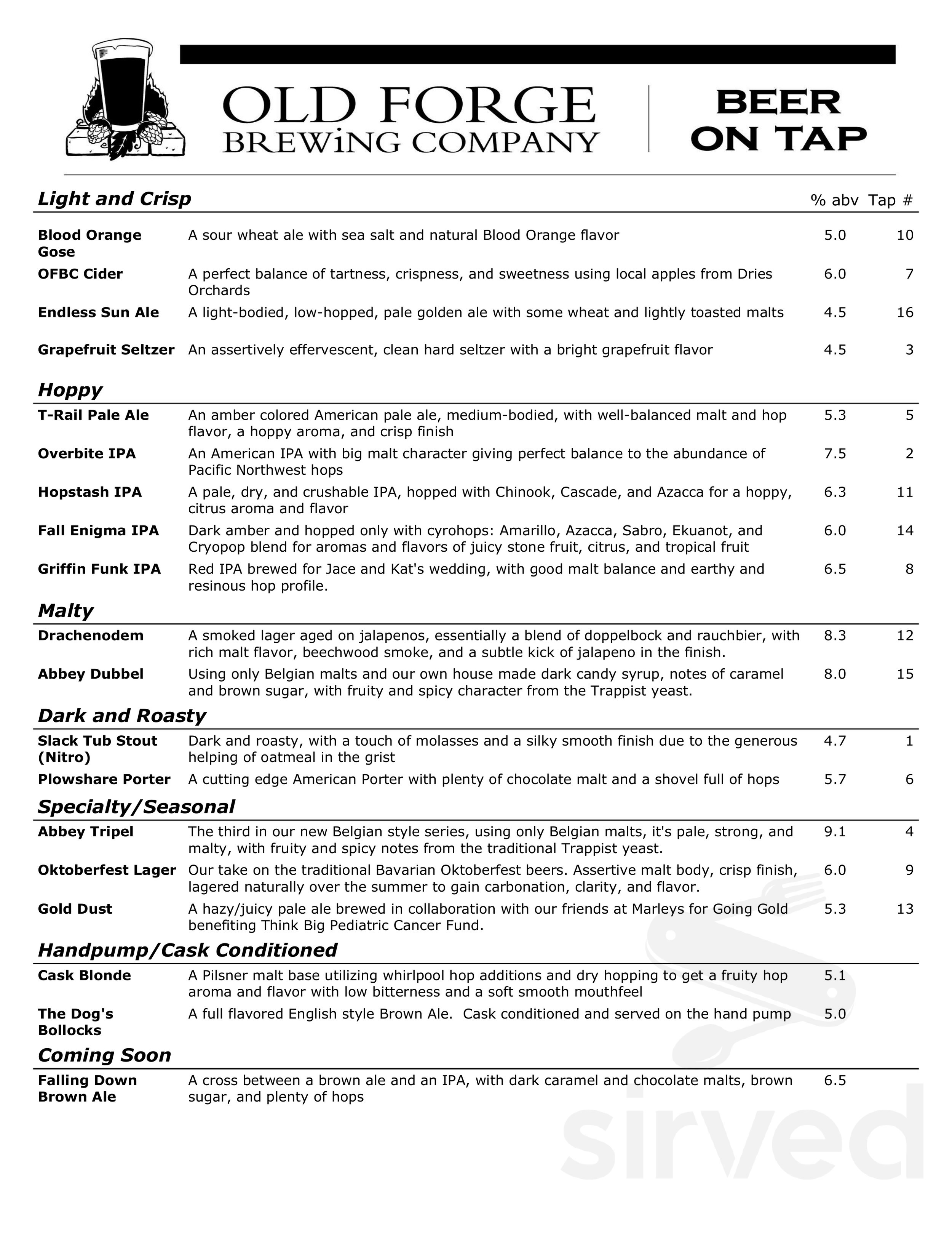 Menu for Old Forge Brewing Company in Danville, PA | Sirved