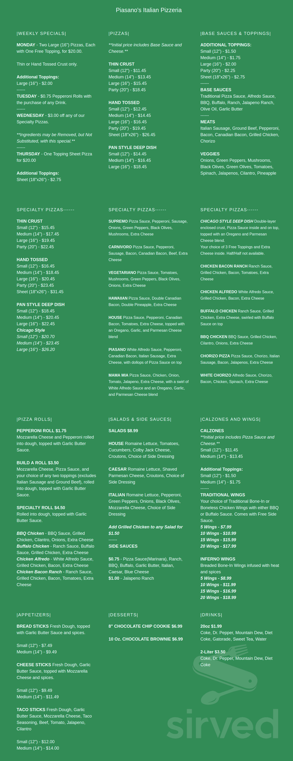 Menu for Piasano's Italian Pizzeria in College Station, TX | Sirved