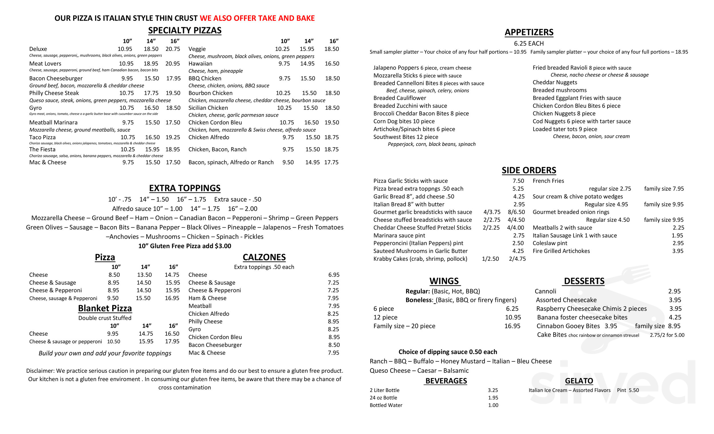 Michaleno's Pizzeria menu in Kewaskum, Wisconsin, USA