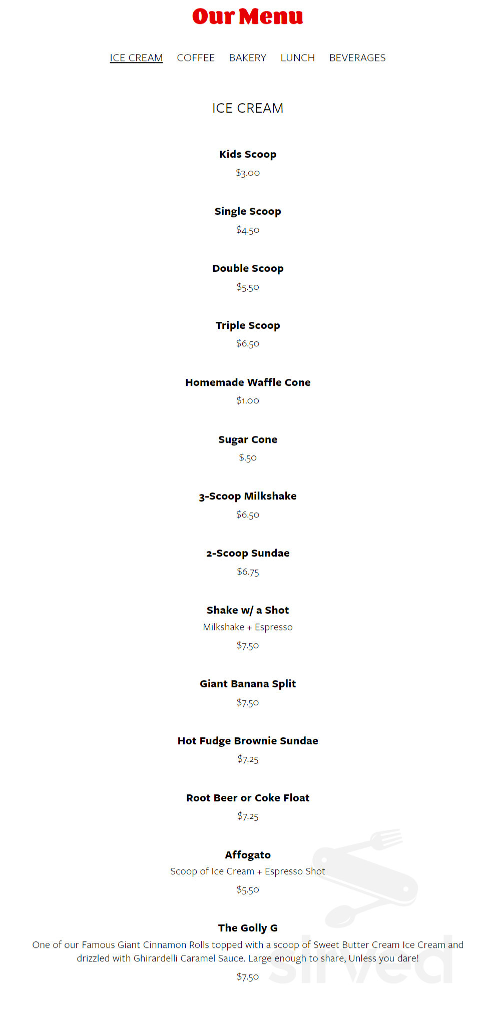 Menu - Pleasant View TN's Golly G's Coffee, Ice Cream & Sweets | Sirved