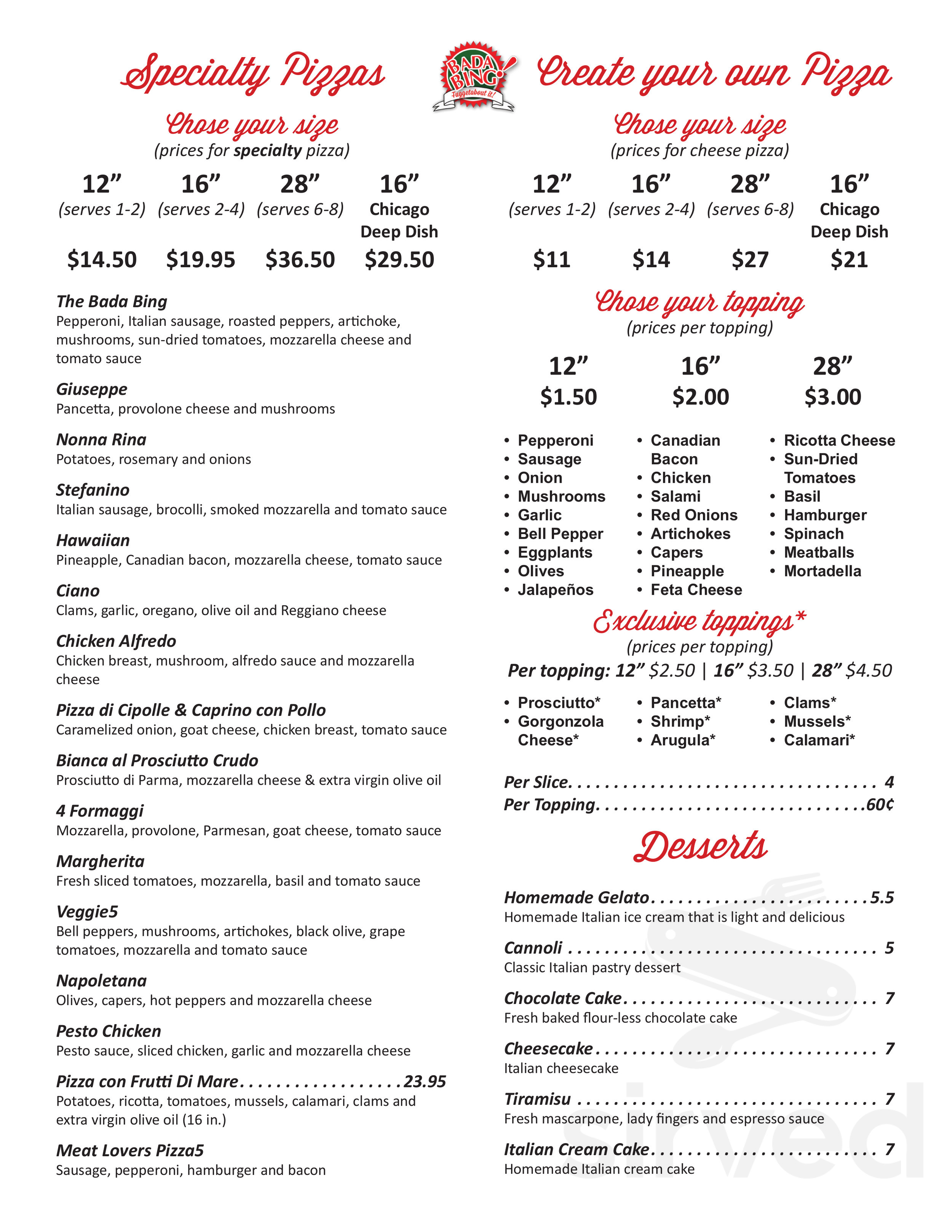 Bada Bing menus in League City, Texas, United States