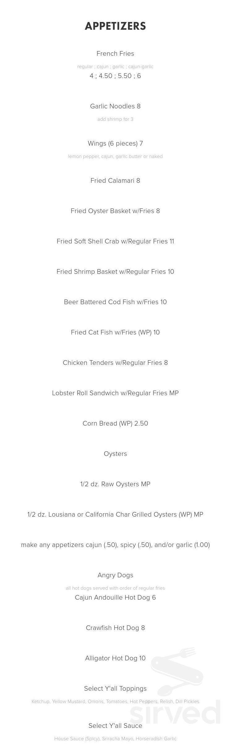 The Angry Crab menu in Chicago, Illinois, USA
