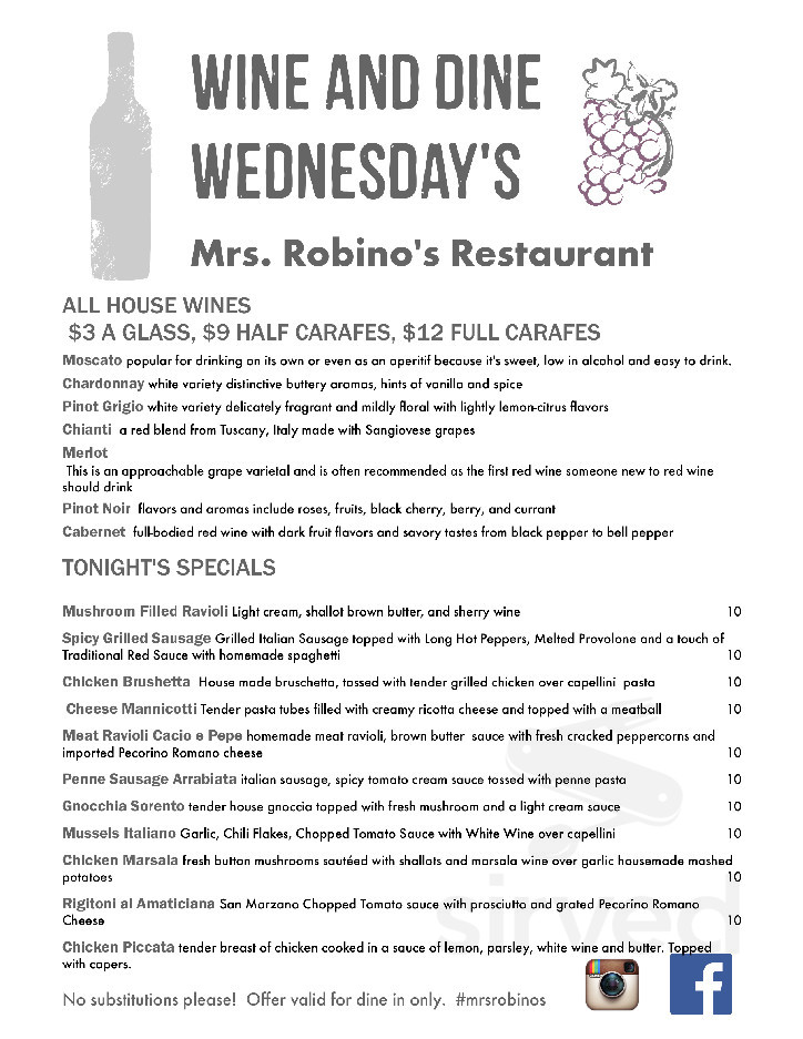 Mrs. Robino's Restaurant menu in Wilmington, Delaware, USA