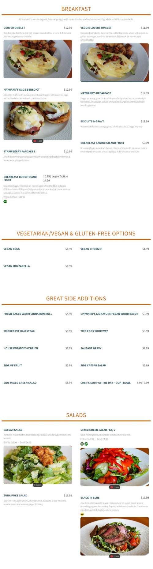 Maynard's Restaurant menu in Silverdale, Washington, USA