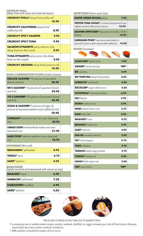 YoMi Sushi menu in Portland, Oregon, USA