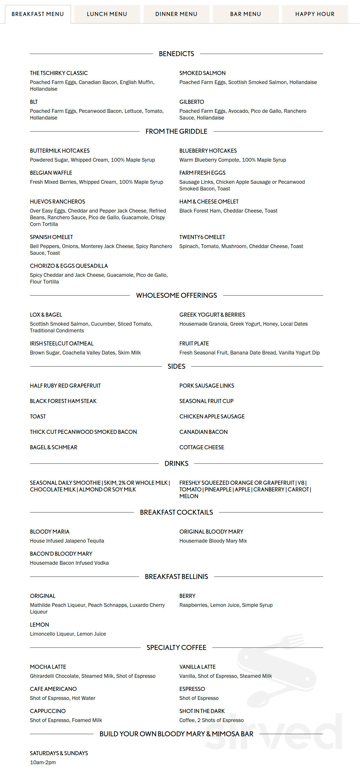 TWENTY6 menu in La Quinta, California, USA