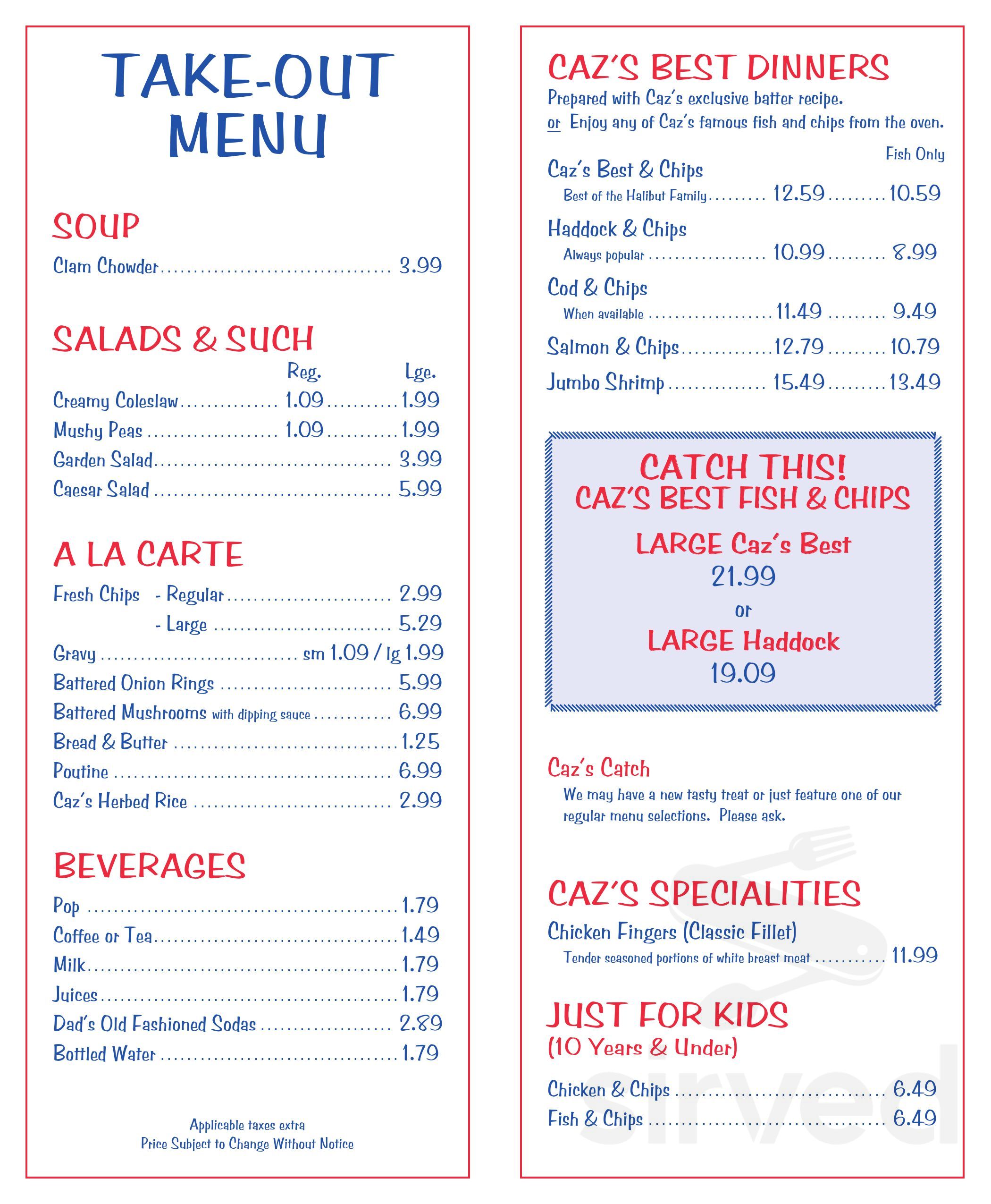 Menu for Caz's Great Fish Cambridge in Cambridge, ON | Sirved